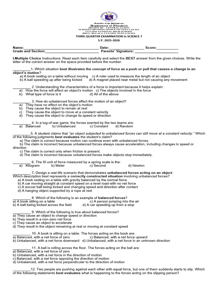 Science 7 Third Quarter Exam - Maam Jean | PDF | Force | Heat Transfer