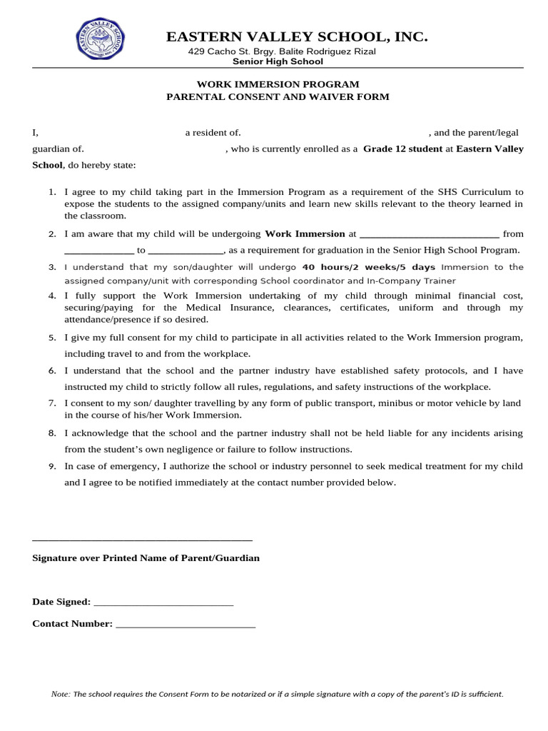 Parental Consent and Waiver Form | PDF