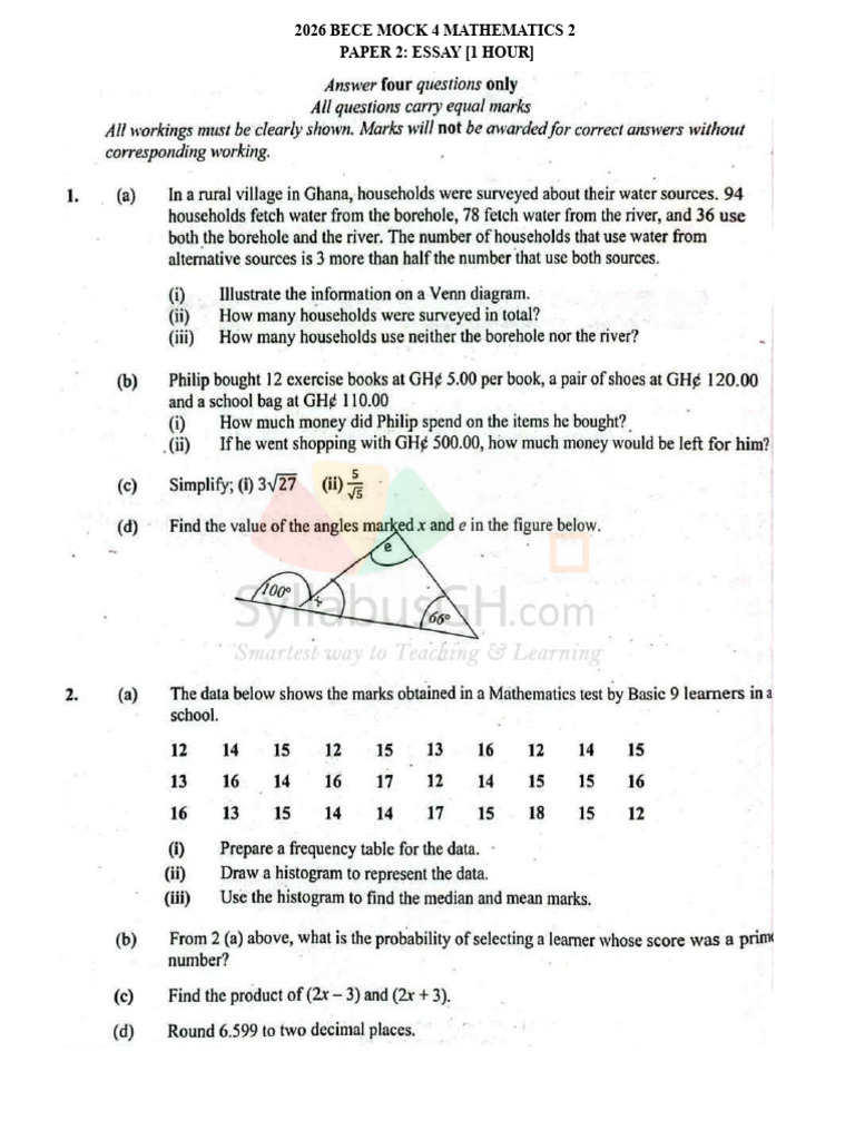 2026 Bece Mock 4 Mathematics 2 | PDF