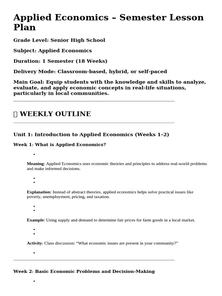 Applied Economics - Semester Lesson Plan | PDF | Economics | Elasticity ...