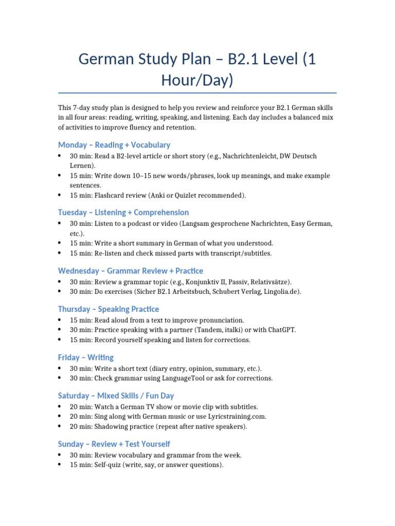 German Study Plan B2.1 1hr Per Day | PDF