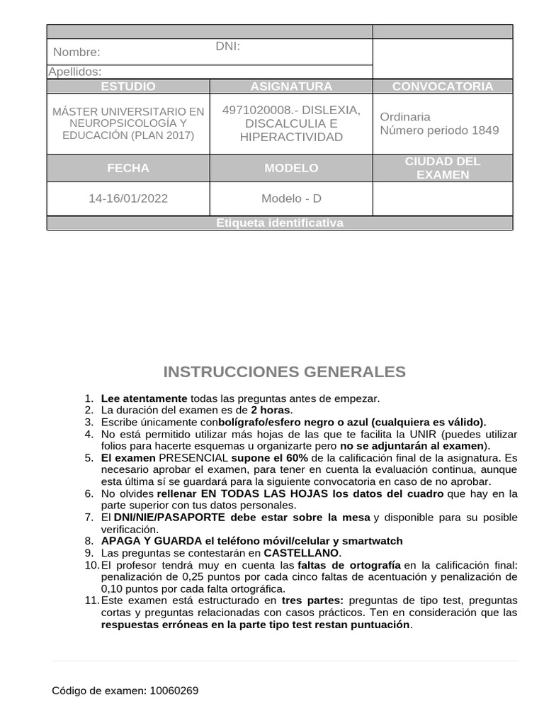 Examen de Dislexia | PDF | Neurociencia | Cognición
