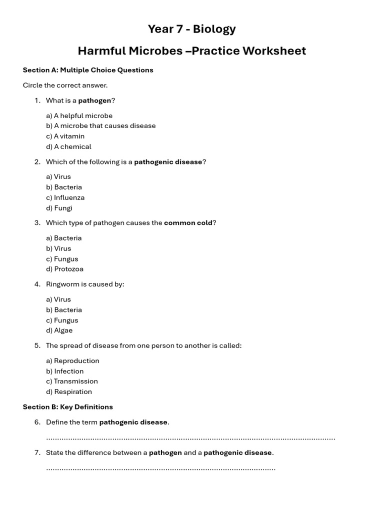 Year 7 - Harmful Microbes - Worksheets | PDF | Pathogen | Infection