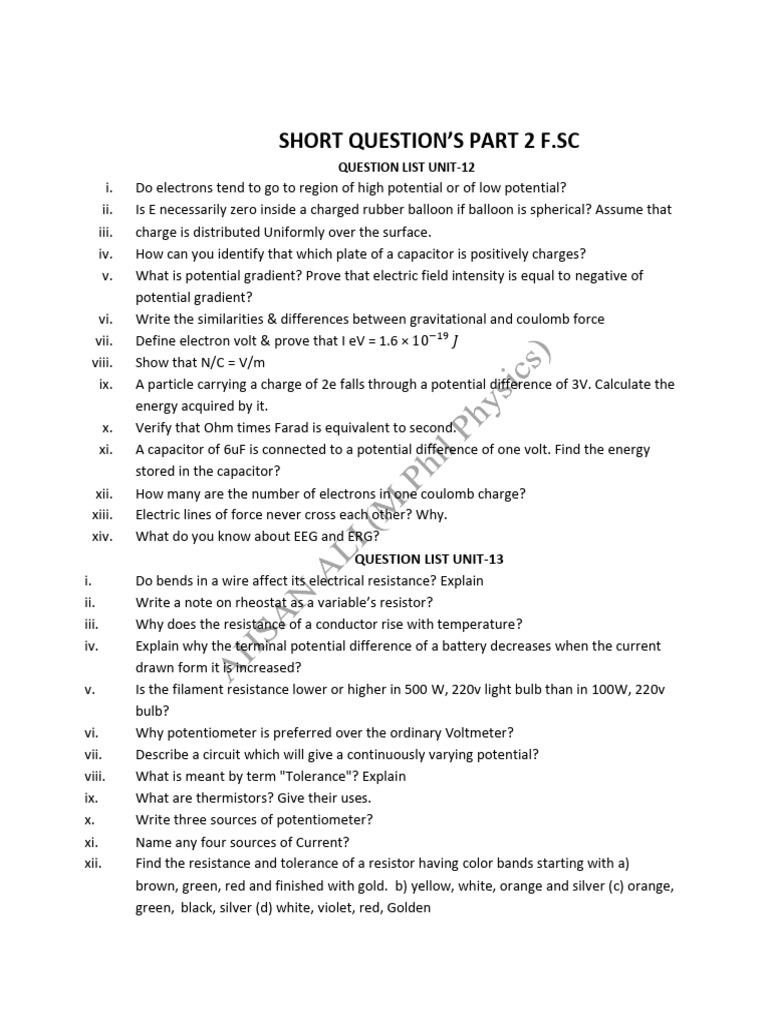 Most Important Short Questions | PDF | Light | Electron