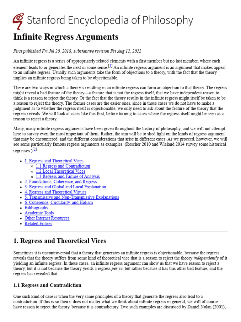 Infinite Regress Arguments (Stanford Encyclopedia of Philosophy) | PDF ...