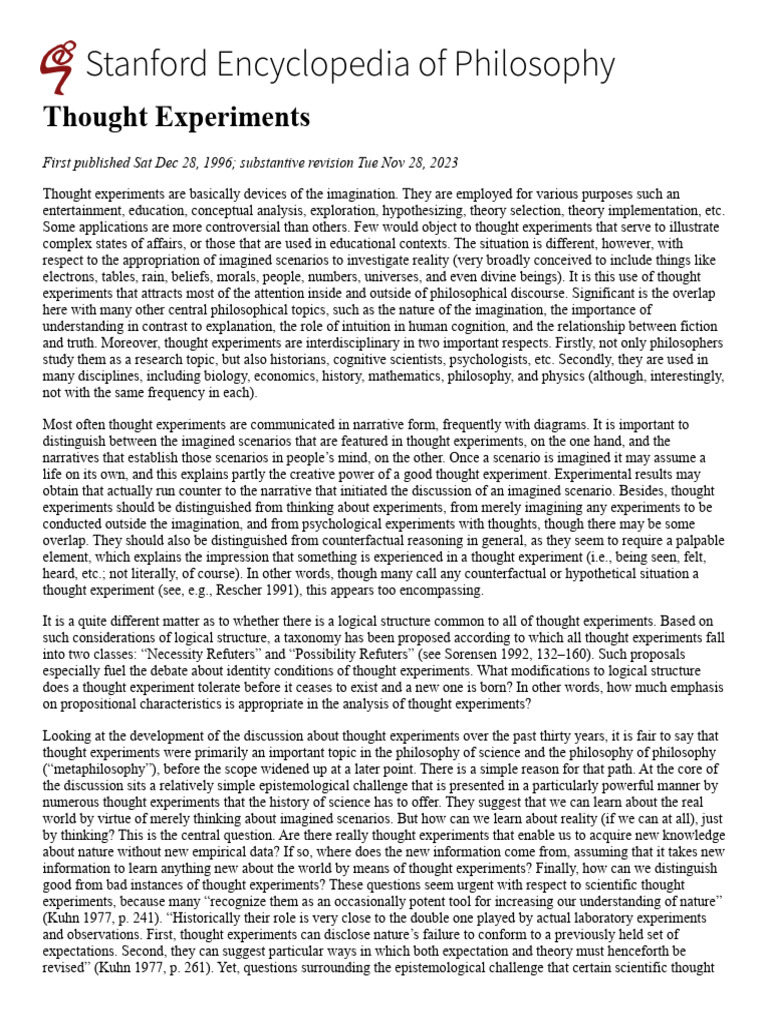 Thought Experiments (Stanford Encyclopedia of Philosophy) | PDF | Modal ...