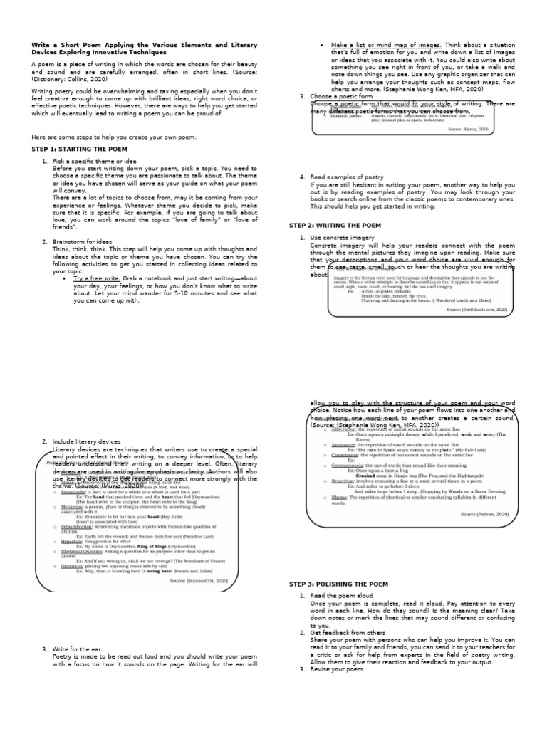 Write A Short Poem Applying The Various Elements and Literary Devices ...