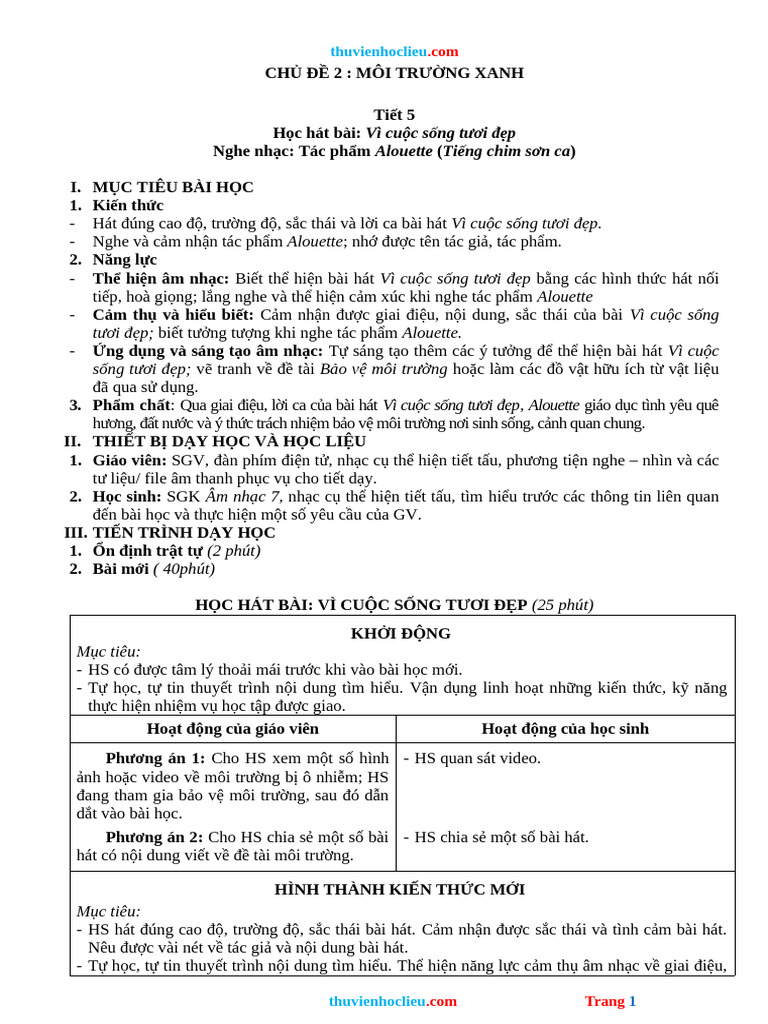 GA Am Nhac 7 KNTT Chu de 2 MOI TRUONG XANH | PDF