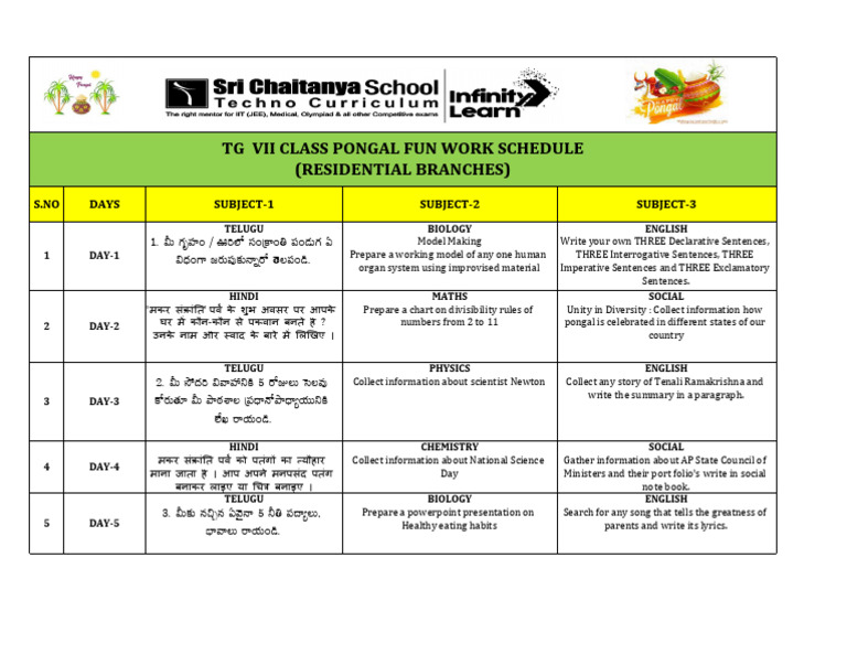 TG Pongal Fun Work Schedule For Vii Class | PDF