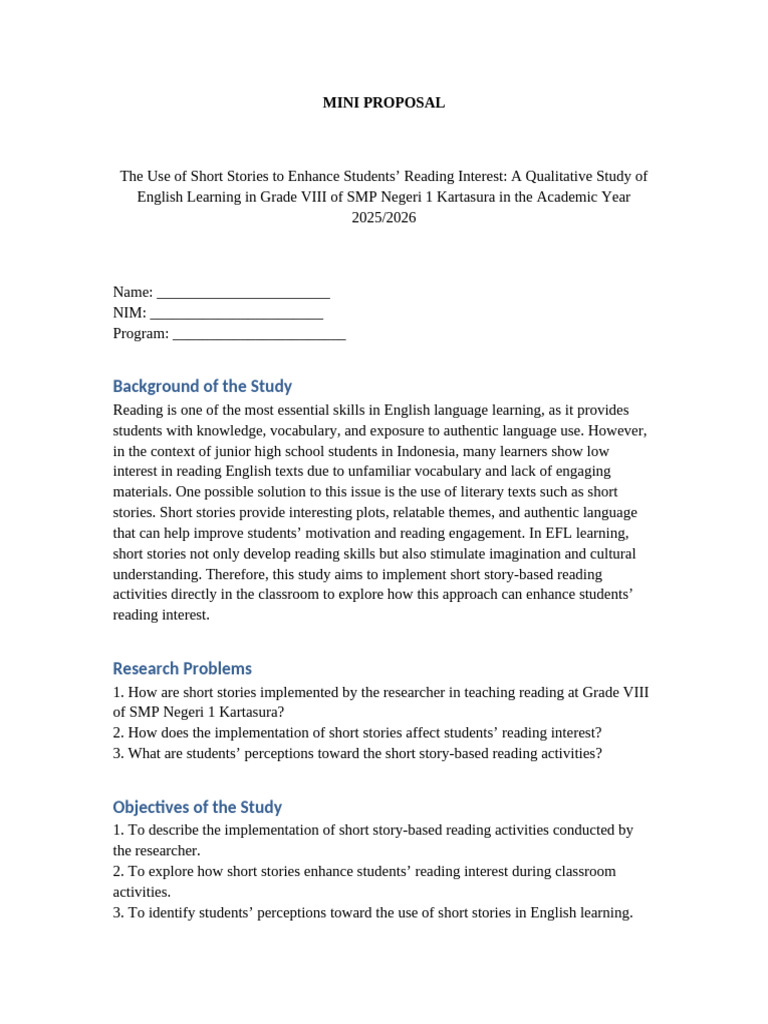 Final Mini Proposal Short Stories Reading Interest | PDF | Teachers ...