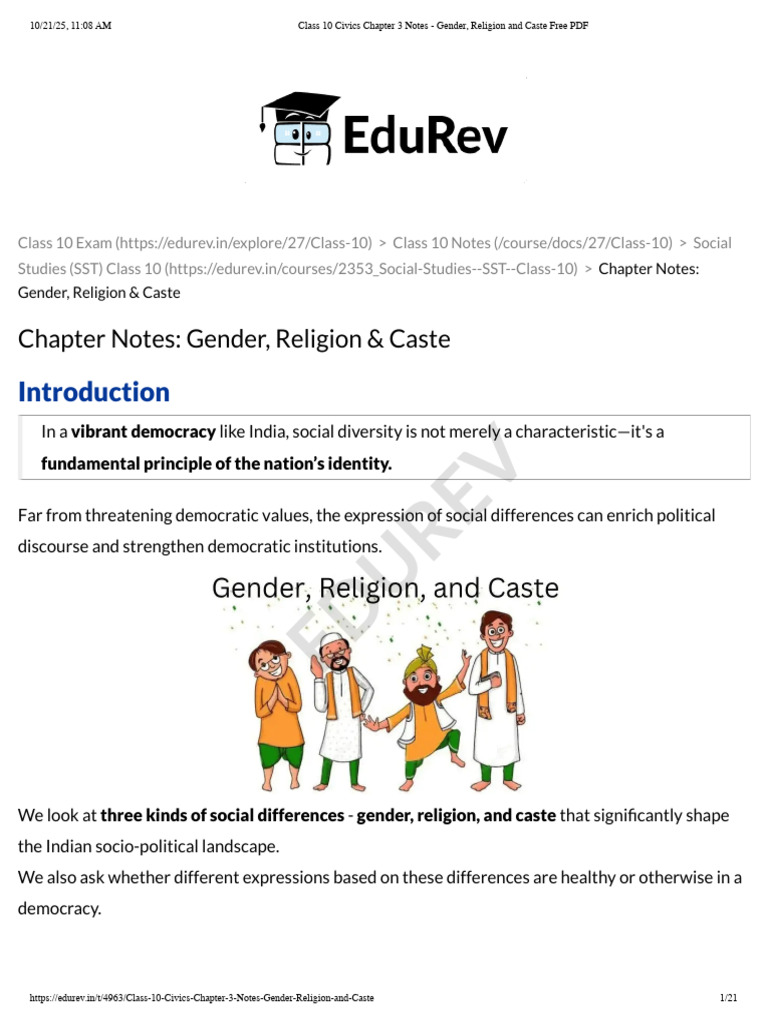 Class 10 Civics Chapter 3 Notes - Gender, Religion and Caste Free PDF ...