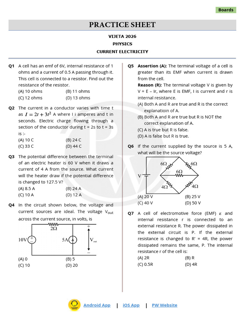 Current Electricity - Practice Sheet | PDF | Voltage | Series And ...