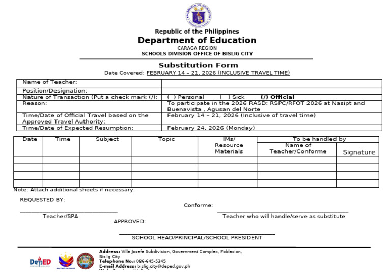 Teachers Substitution Form 2026 Rasd | PDF
