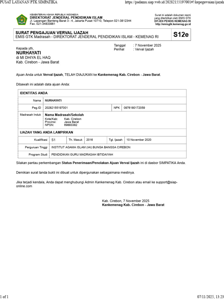 Surat Pengajuan Verval Ustdh Nur | PDF