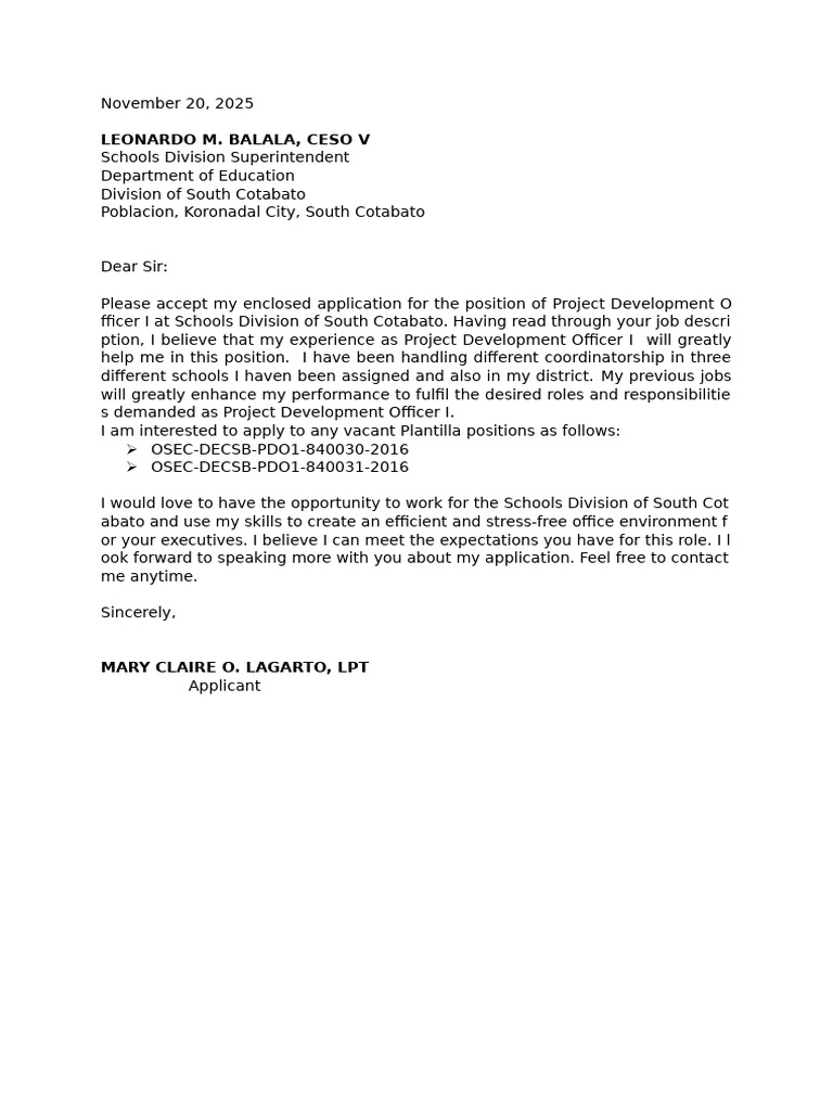 Application Letter PDO 1 | PDF