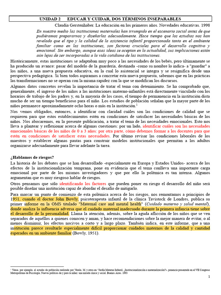 Gerstenhaber Claudia "La educación en los primeros años" | PDF | Teoría ...