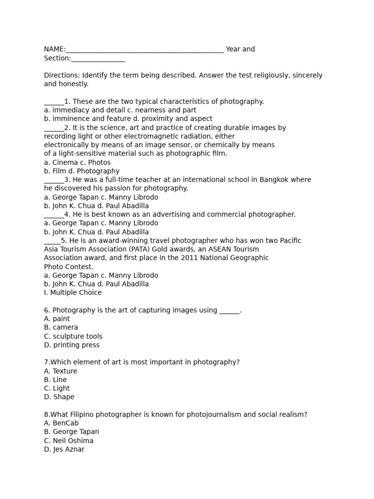 Summative Test in Grade 10 Q3 | PDF | Camera | Shutter (Photography)
