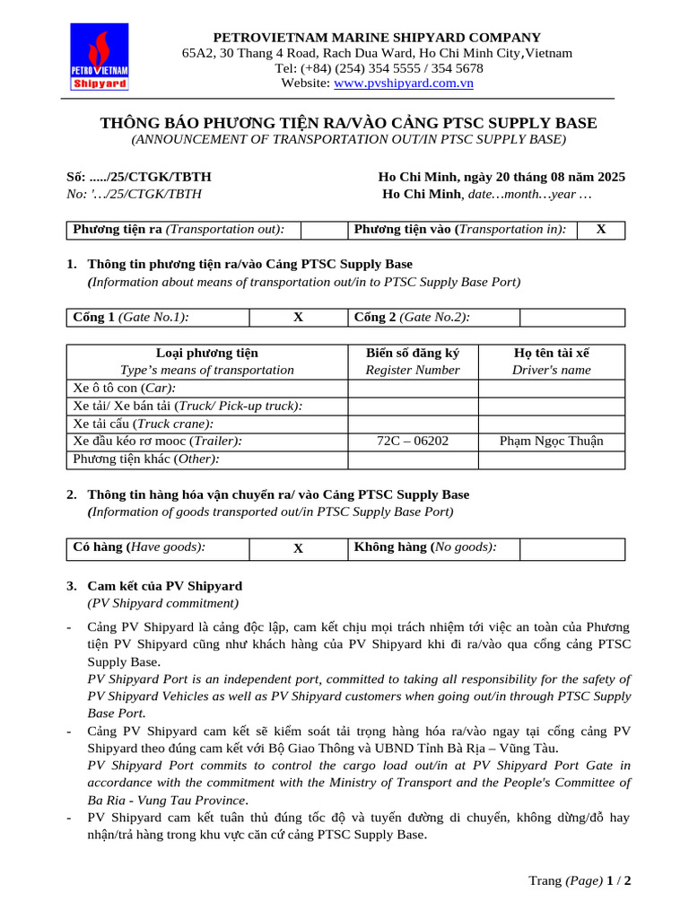 Form Thong Bao PT Ra Vao Cang PSB-PVS | PDF