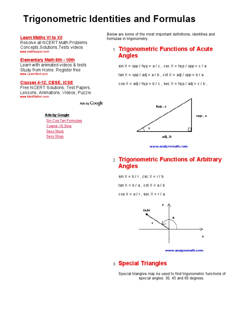 Trigonometric Identities and Formulas | PDF | Trigonometric Functions | Sine