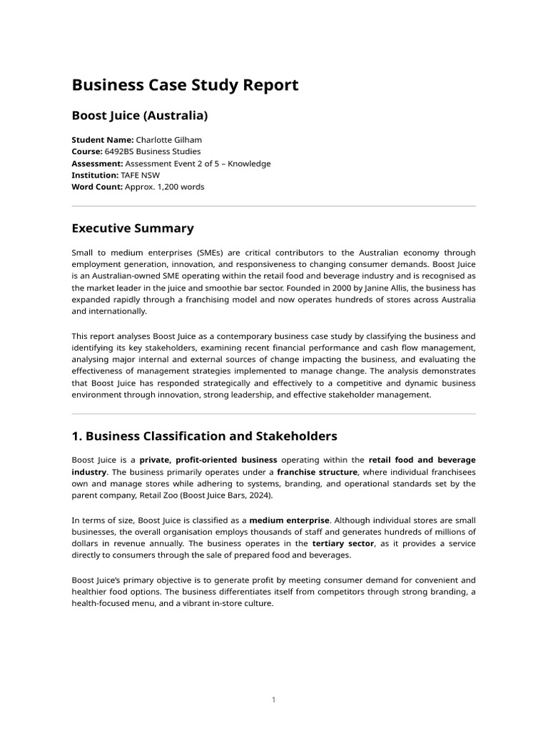 Boost Juice Business Case Study Report | PDF | Cost Of Living | Franchising