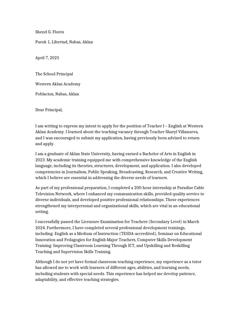 Letter of Intent Teacher I Shezel Flores | PDF | Teachers | Learning