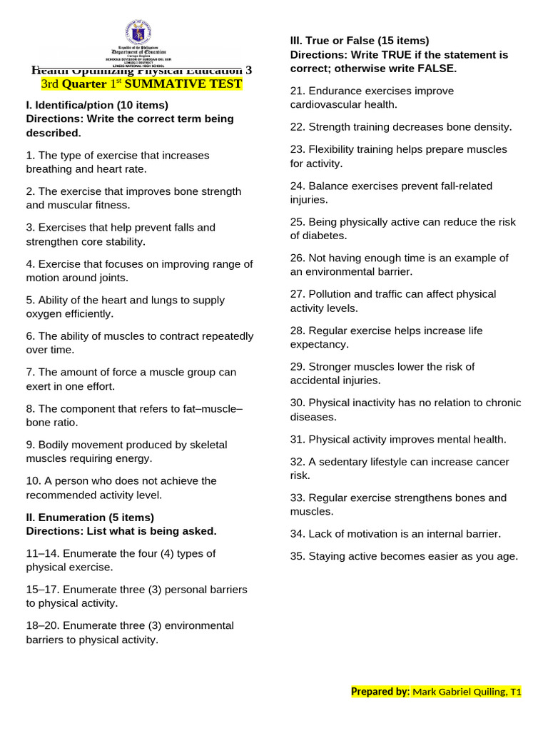 Physical Education 3rd 1st SUMM | PDF | Determinants Of Health ...