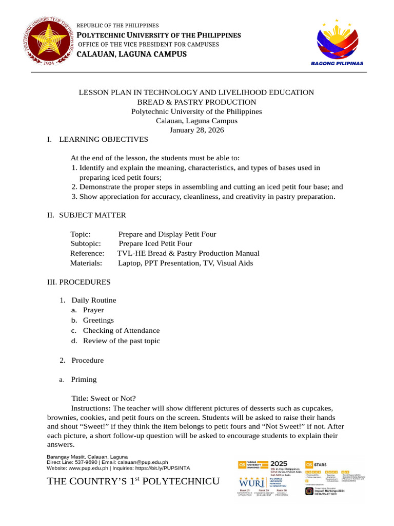 LESSON PLAN - ICED PETIT FOUR | PDF | Cakes | Foods