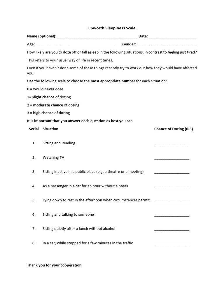 Epworth Sleepiness Scale | PDF