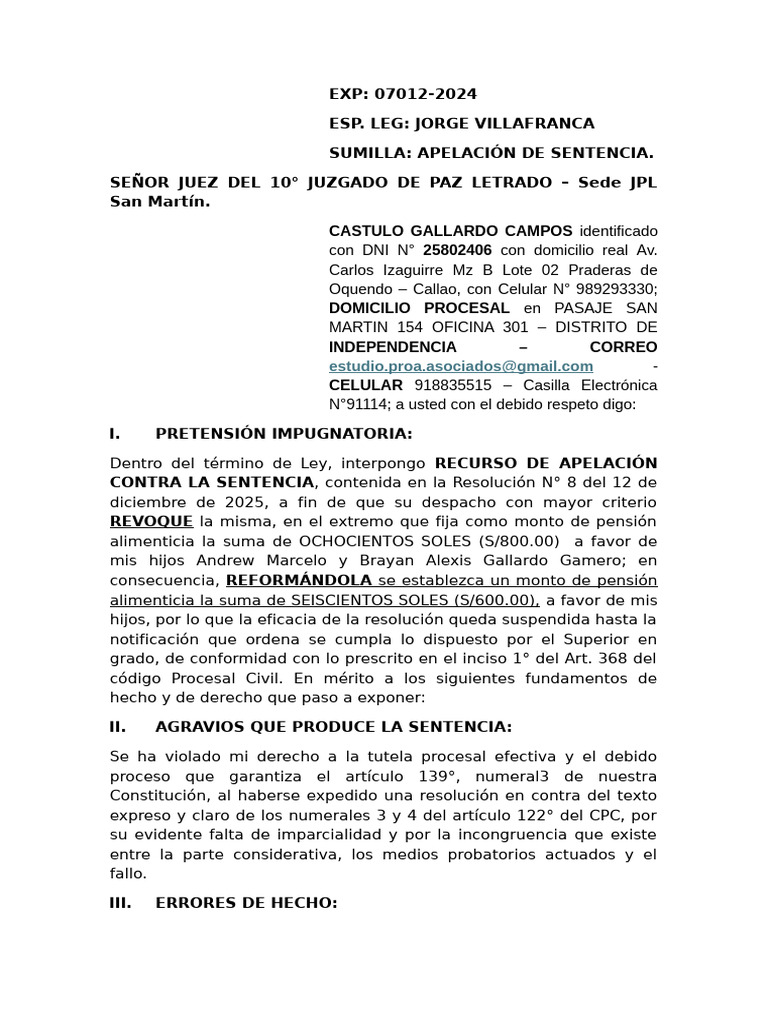 Apelación de Sentencia - Castulo Gallardo | PDF | Apelación | Pensión ...