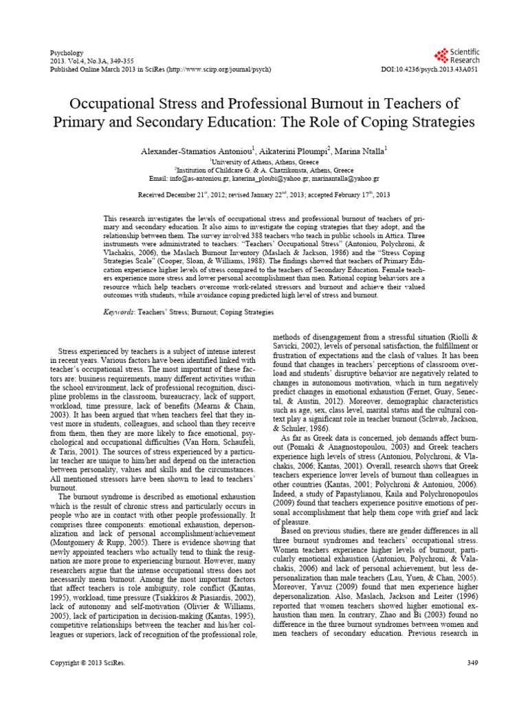 Occupational Stress and Professional Burnout in Teachers of Primary and ...