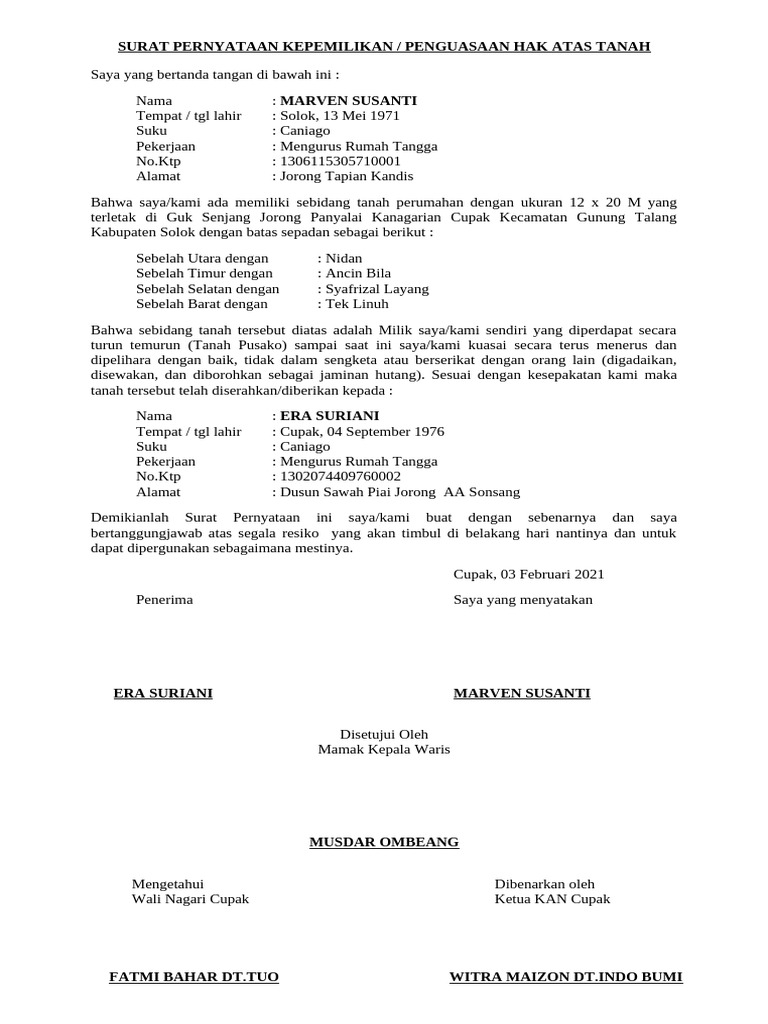 Surat Pernyataan Kepemilikan Tanah Marven | PDF