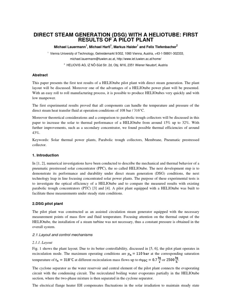Direct Steam Generation (DSG) With A Heliotube First Results of A Pilot ...