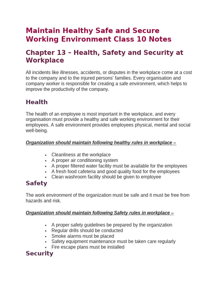 Maintain Healthy Safe and Secure Working Environment Class 10 Notes ...