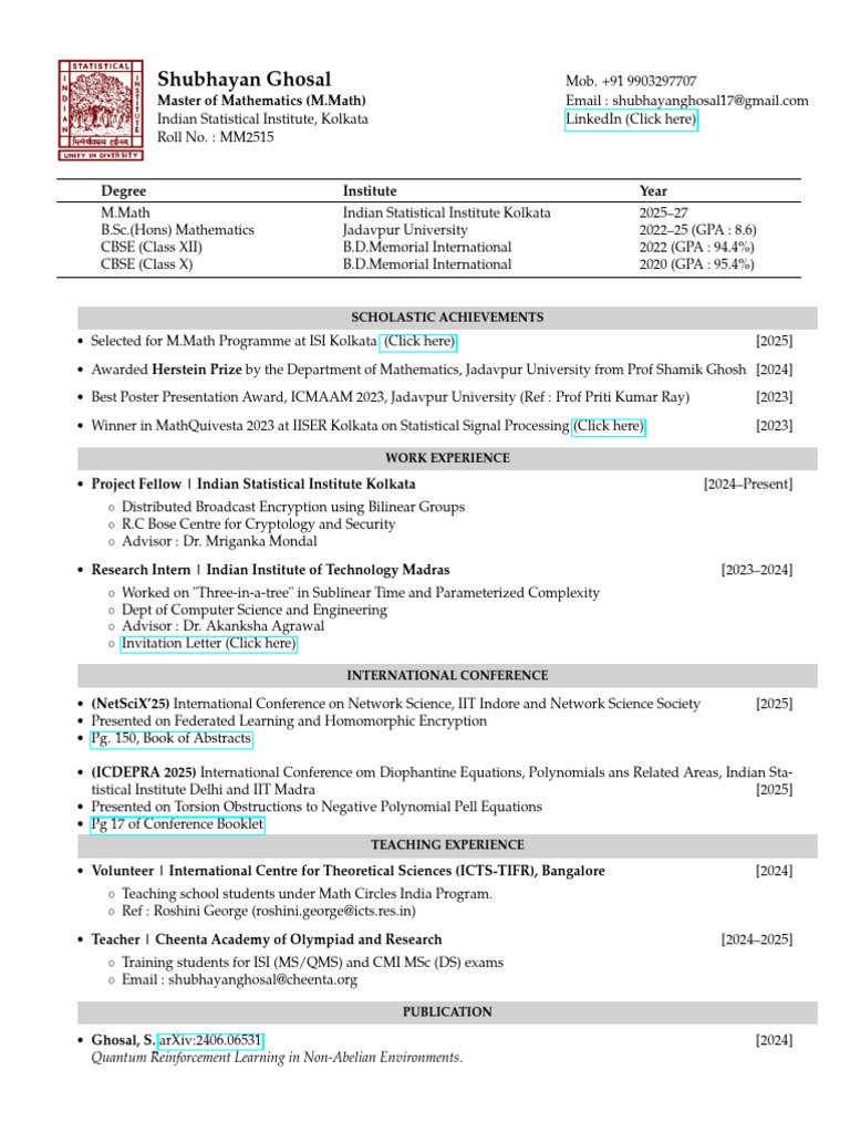 ISI Kolkata Resume Template 1 | PDF | Computer Science | Computer ...