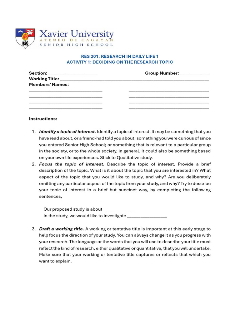 Activity 1 Deciding on a Research Topic | PDF | Qualitative Research ...