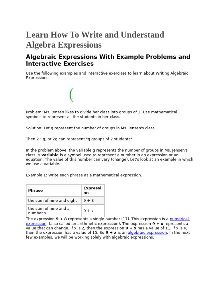 Learn How To Write and Understand Algebra Expressions | PDF | Algebra ...