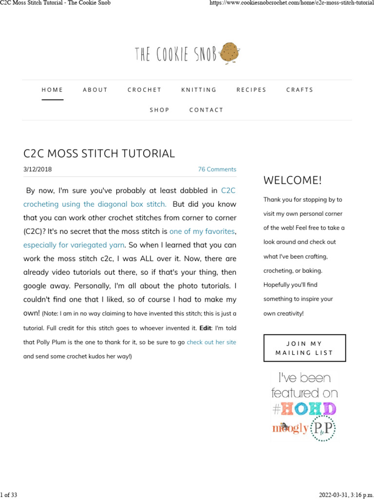 C2C Moss Stitch Tutorial | PDF | Crochet | Textile Arts