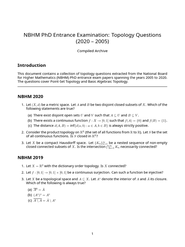 NBHM Topology Questions | PDF | Continuous Function | Space (Mathematics)