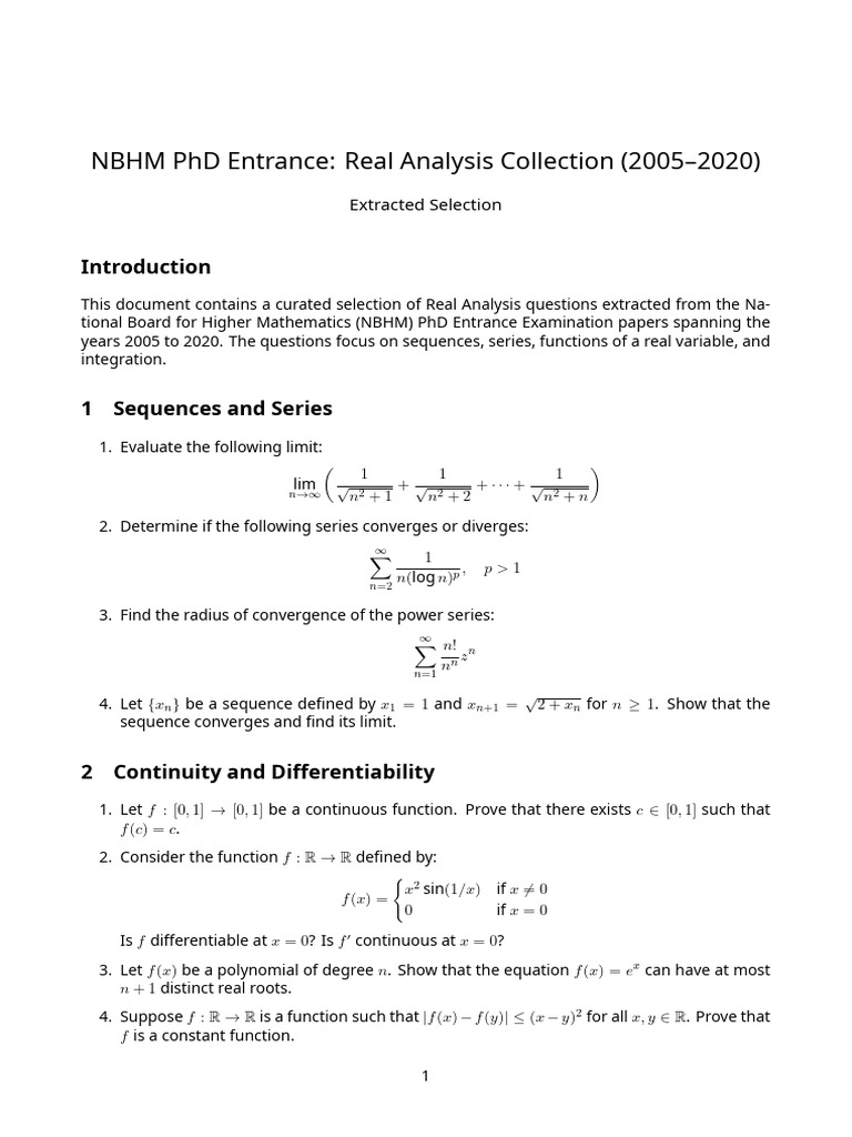 NBHM Real Analysis Questions | PDF | Real Analysis | Limit (Mathematics)