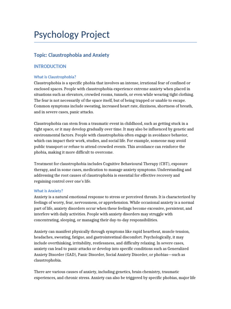 Full Claustrophobia and Anxiety Project | PDF | Anxiety | Anxiety Disorder