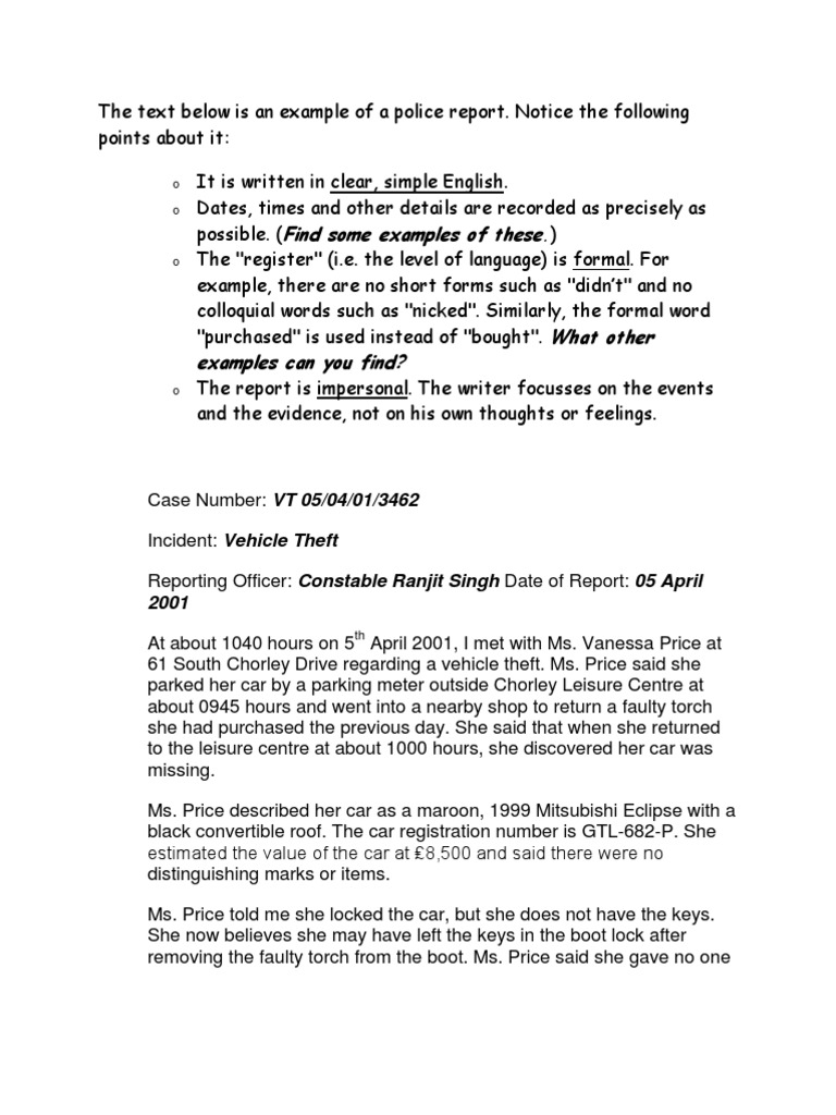 Sample Police Report: Vehicle Theft | PDF | Theft | Misconduct