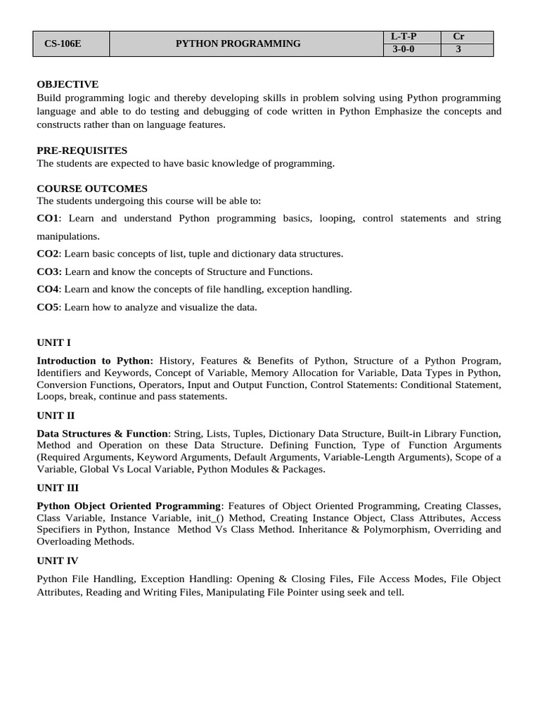 Python Programming CS-106E Syllabus | PDF | Python (Programming ...