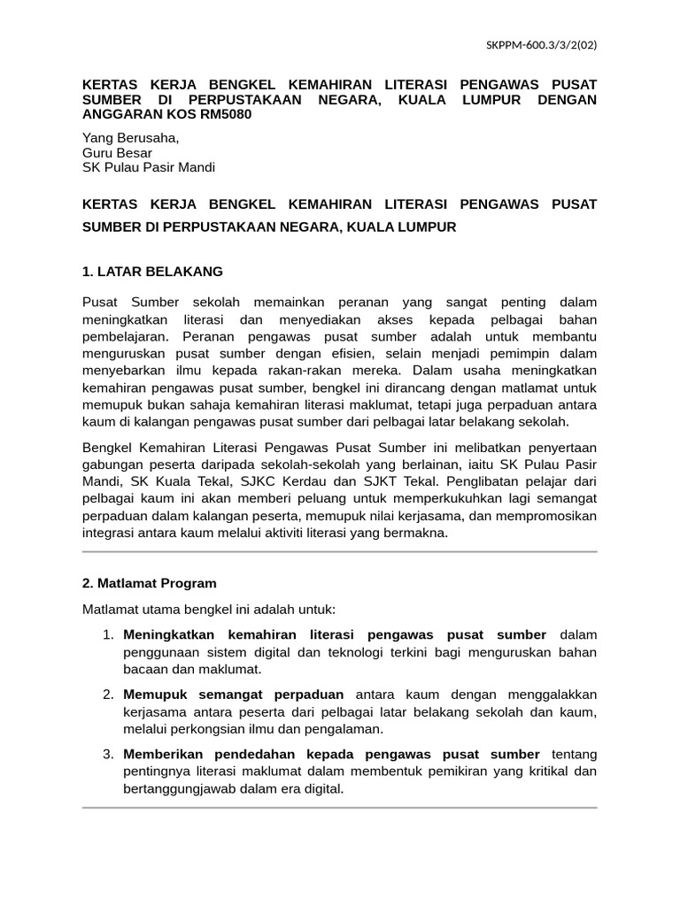 Kertas Kerja Bengkel Kemahiran Literasi Pengawas Pusat Sumber Di ...