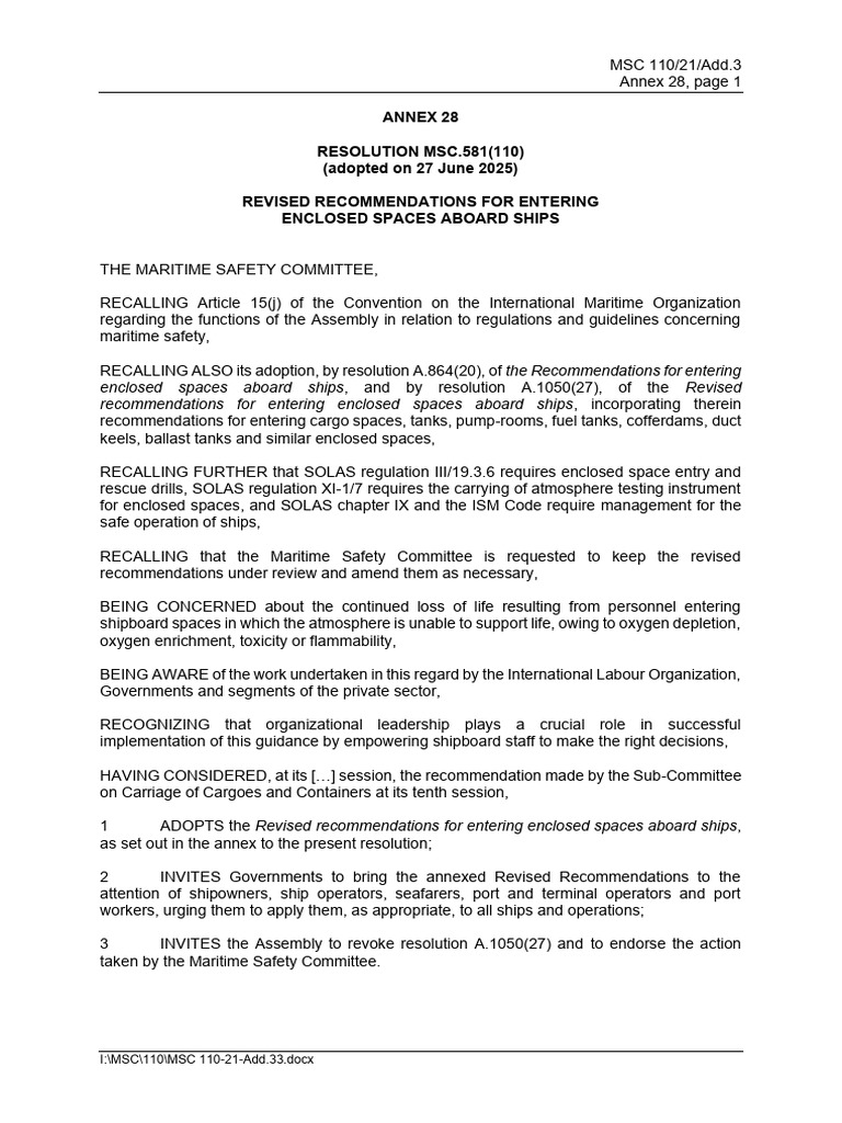 MSC 581110 Annex 28 Revised Recommendations for Entering Enclosed | PDF ...