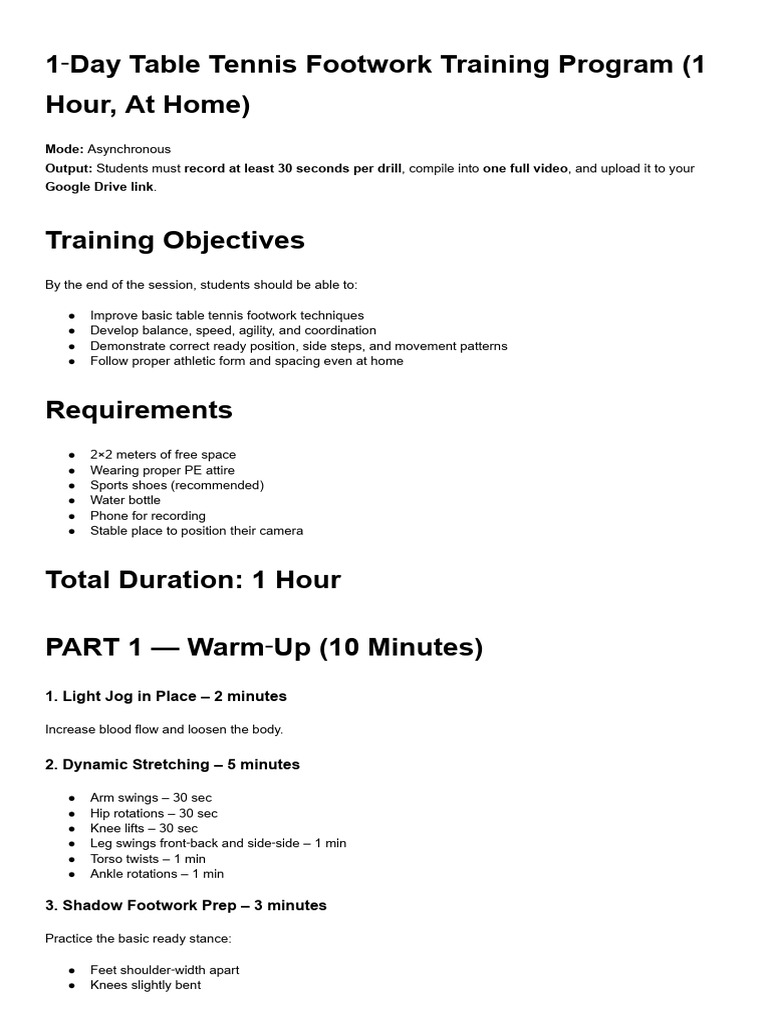 1Day Table Tennis Footwork Training Program 1 Hour at Home | PDF