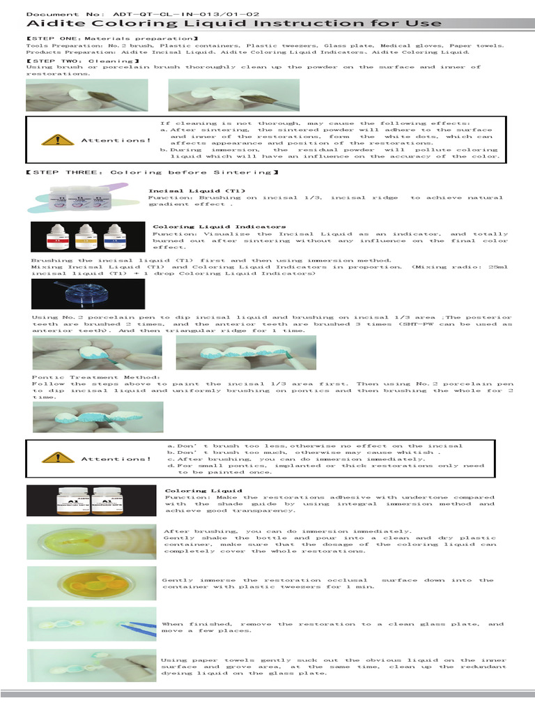 Aidite Coloring Liquid Instruction | PDF | Sintering | Zirconium Dioxide
