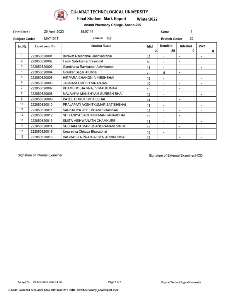 20 - Ceurtics StudentMarkReport | PDF