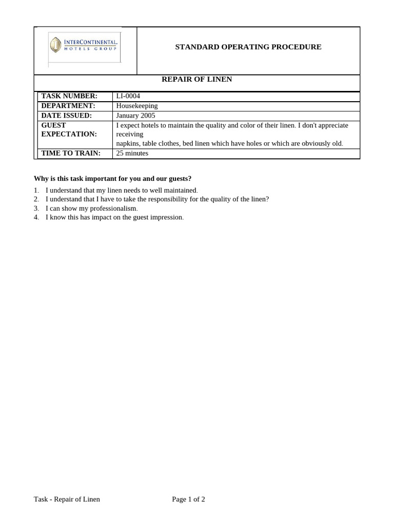 SOP Repair of Linen | PDF