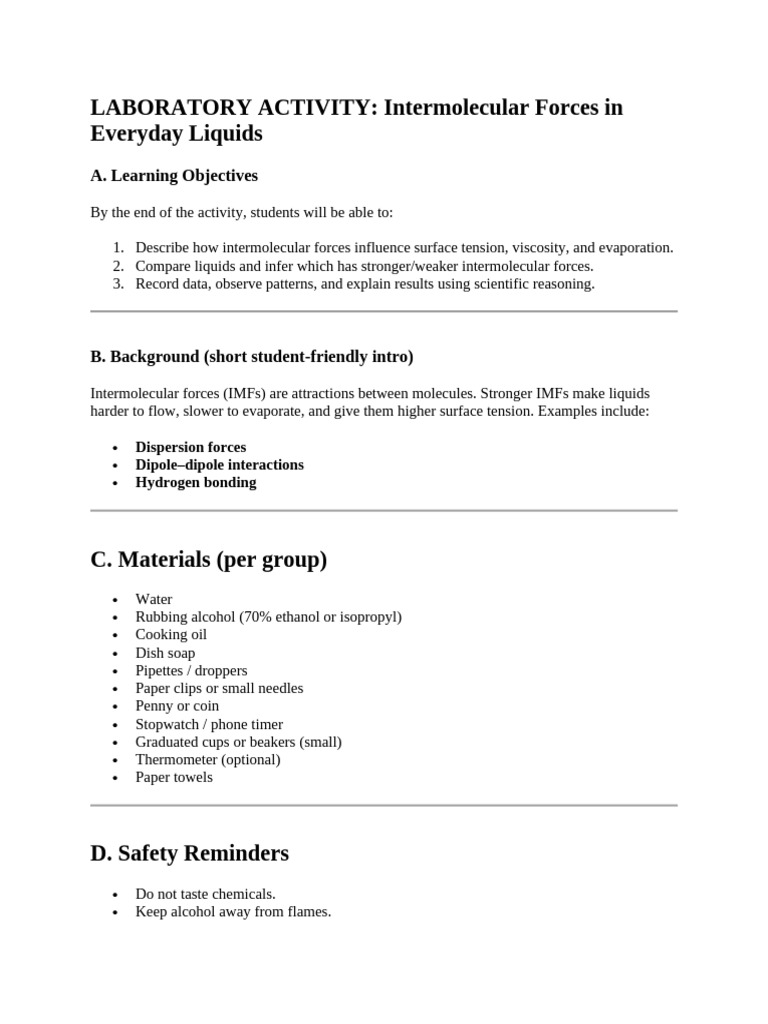 IMF LABORATORY ACTIVITY | PDF | Liquids | Intermolecular Force
