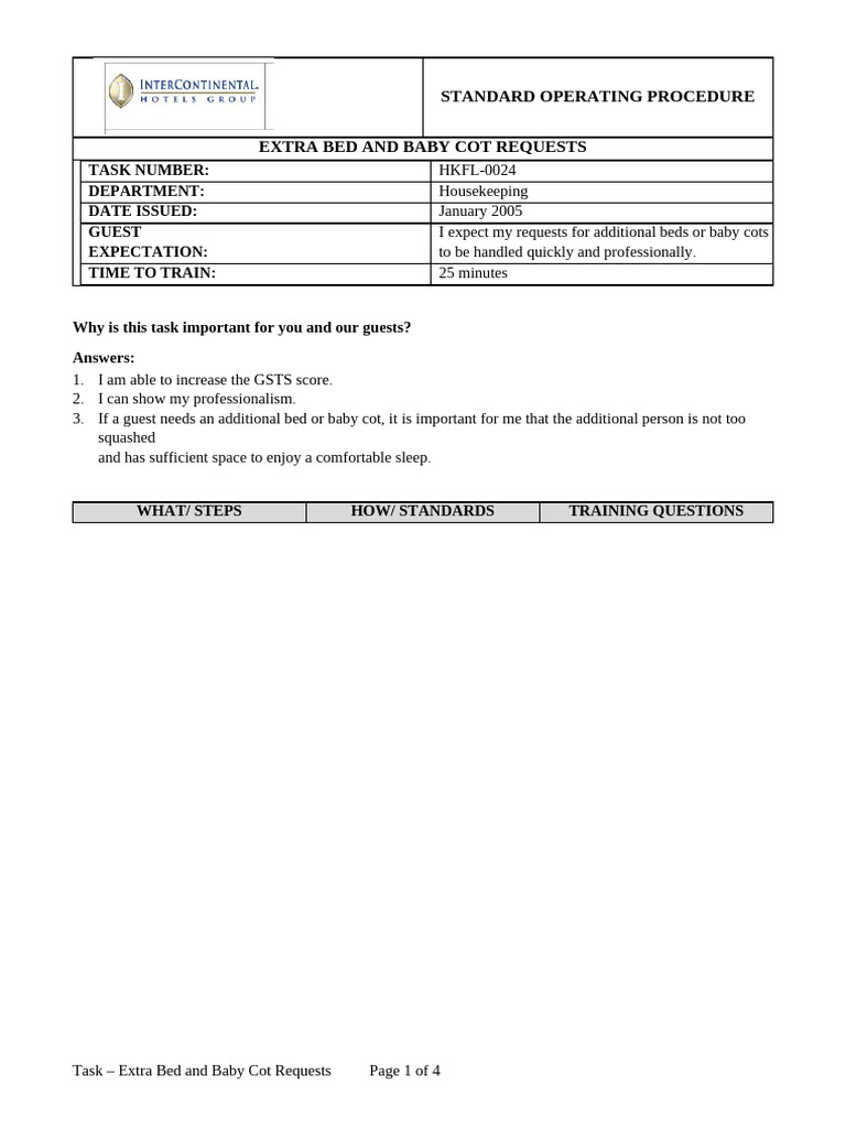 SOP Extra Bed and Baby Cot Requests | PDF